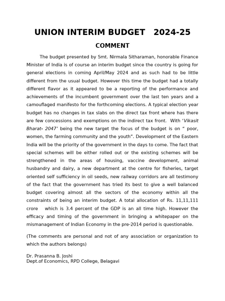 UNION INTERIM BUDGET 2024 Comment | PDF