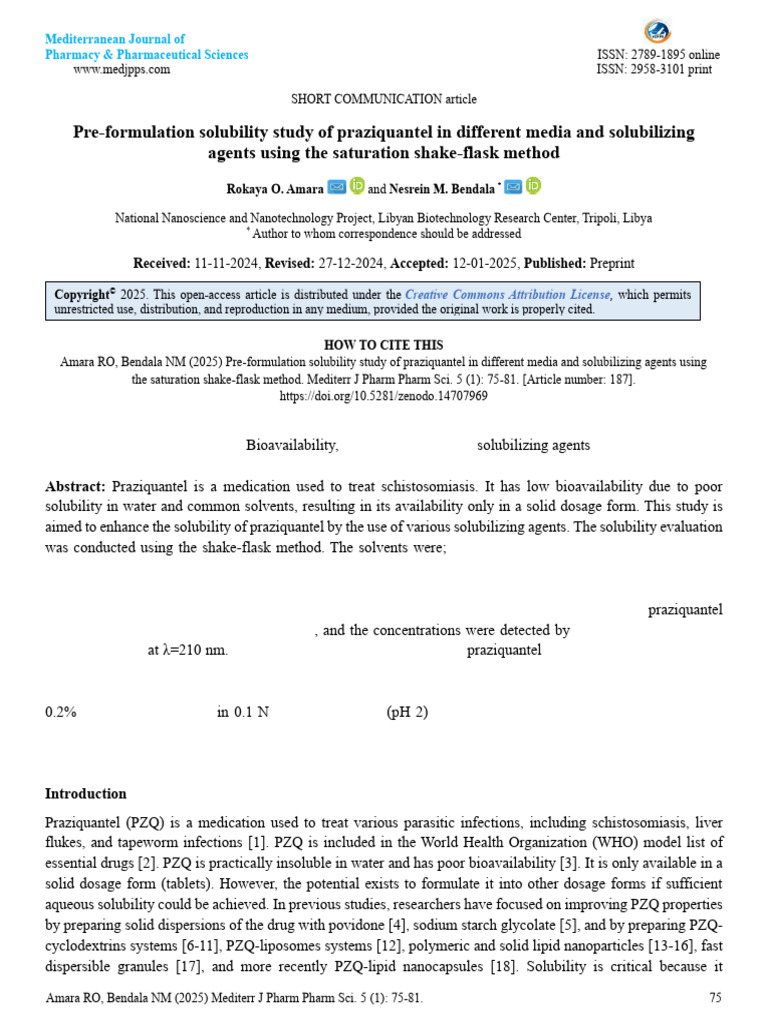 Pre-Formulation Solubility Study of Praziquantel in Different Media and ...