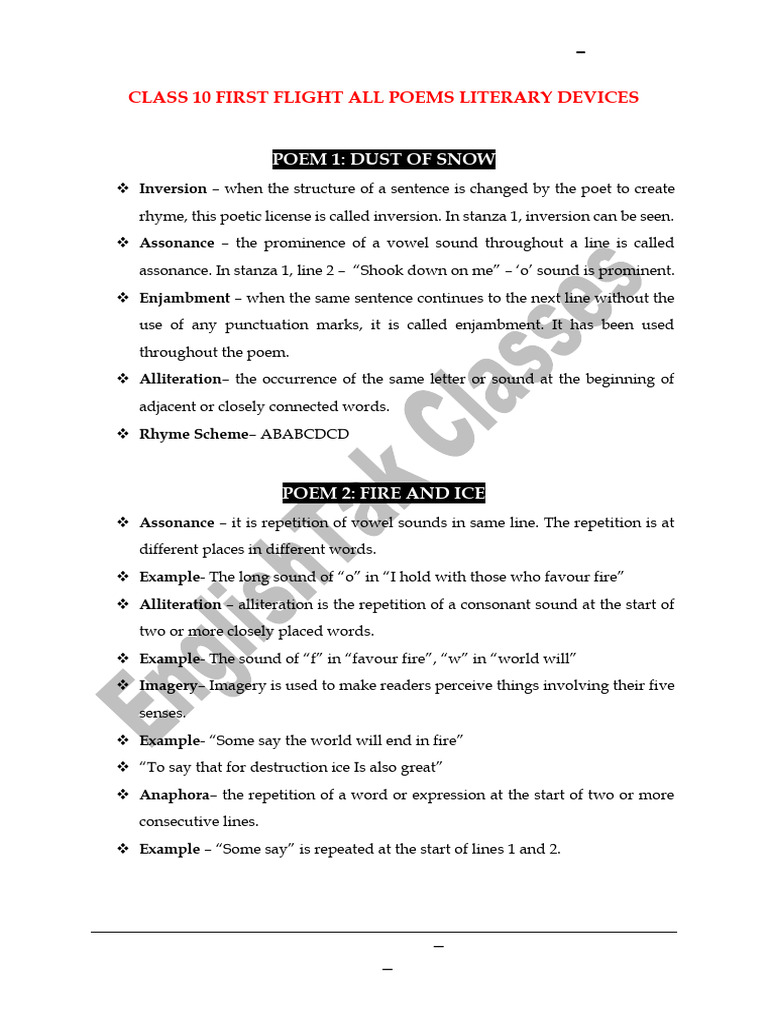 Class 10 First Flight All Poems Literary Devices | PDF | Poetry | Rhyme