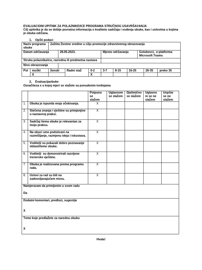 Evaluacioni Upitnik Za Polaznike | PDF