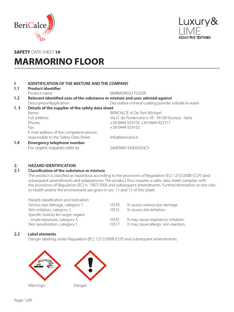 19 SDS CLP Marmorino Floor | PDF | Dangerous Goods | Safety