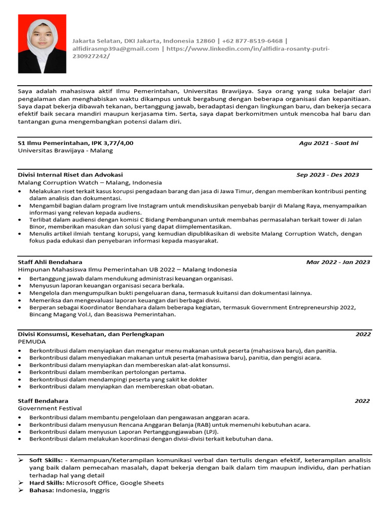 Universitas Brawijaya - Alfidira Rosanty Putri - Curriculum Vitae (CV) | PDF