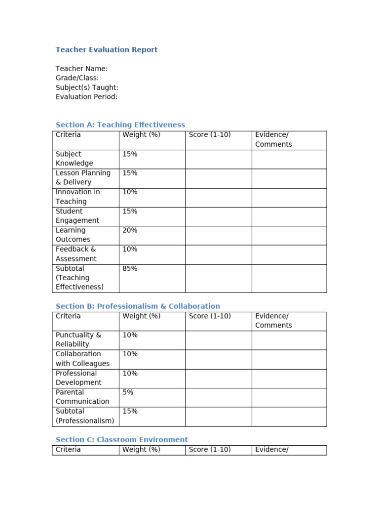 Teacher Evaluation Report Pdf Teachers Educational Assessment