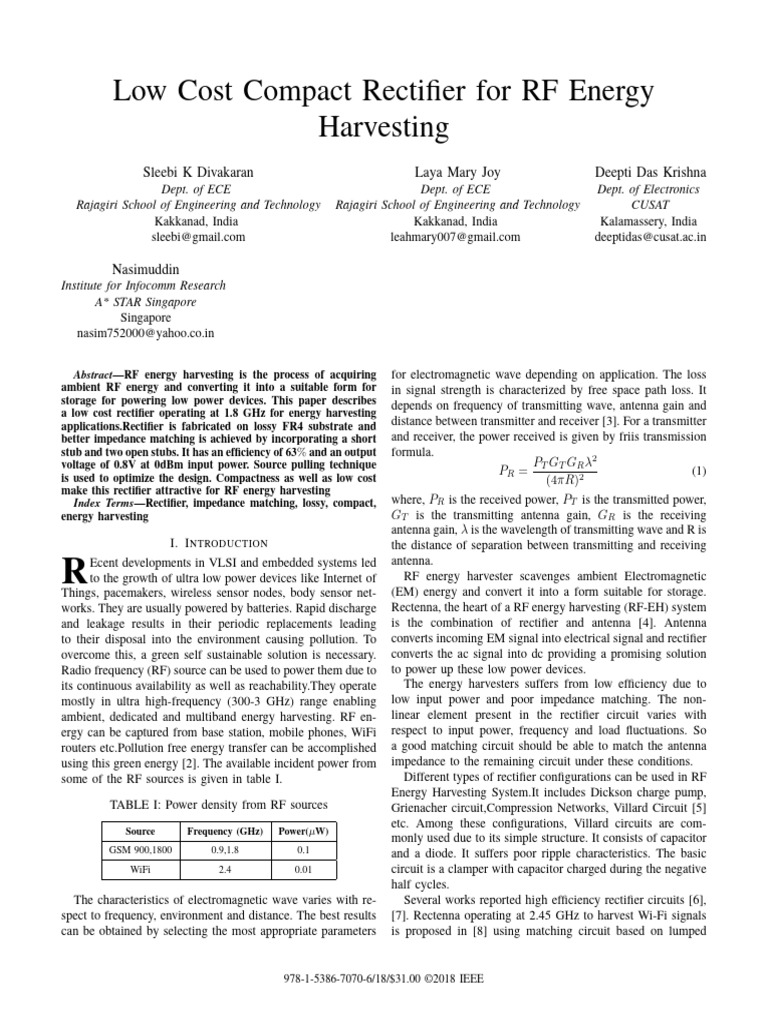 Low Cost Compact Rectifier For RF Energy Harvesting | PDF | Rectifier ...
