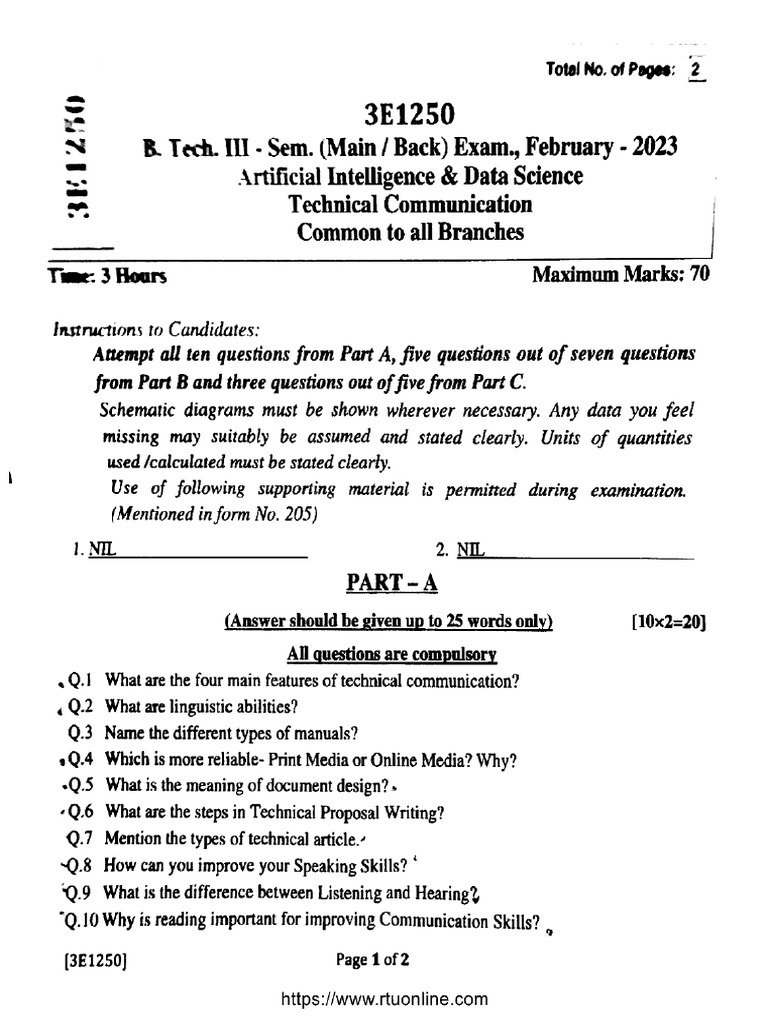Btech 3 Sem Technical Communication 3e1250 Feb 2023 | PDF