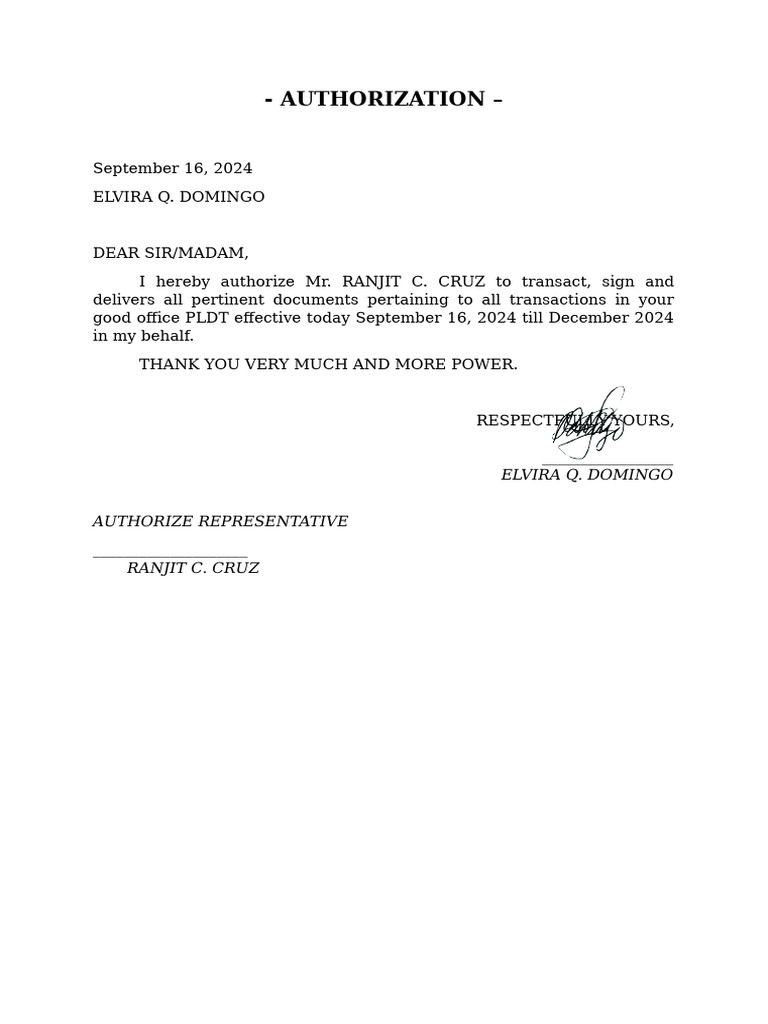 Authorization Letter for Ranjit Cruz | PDF