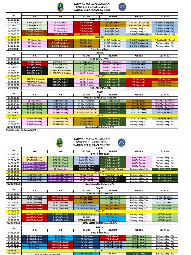 JADWAL MAPEL SMK TS DEPOK 2425 rev6 (1) | PDF