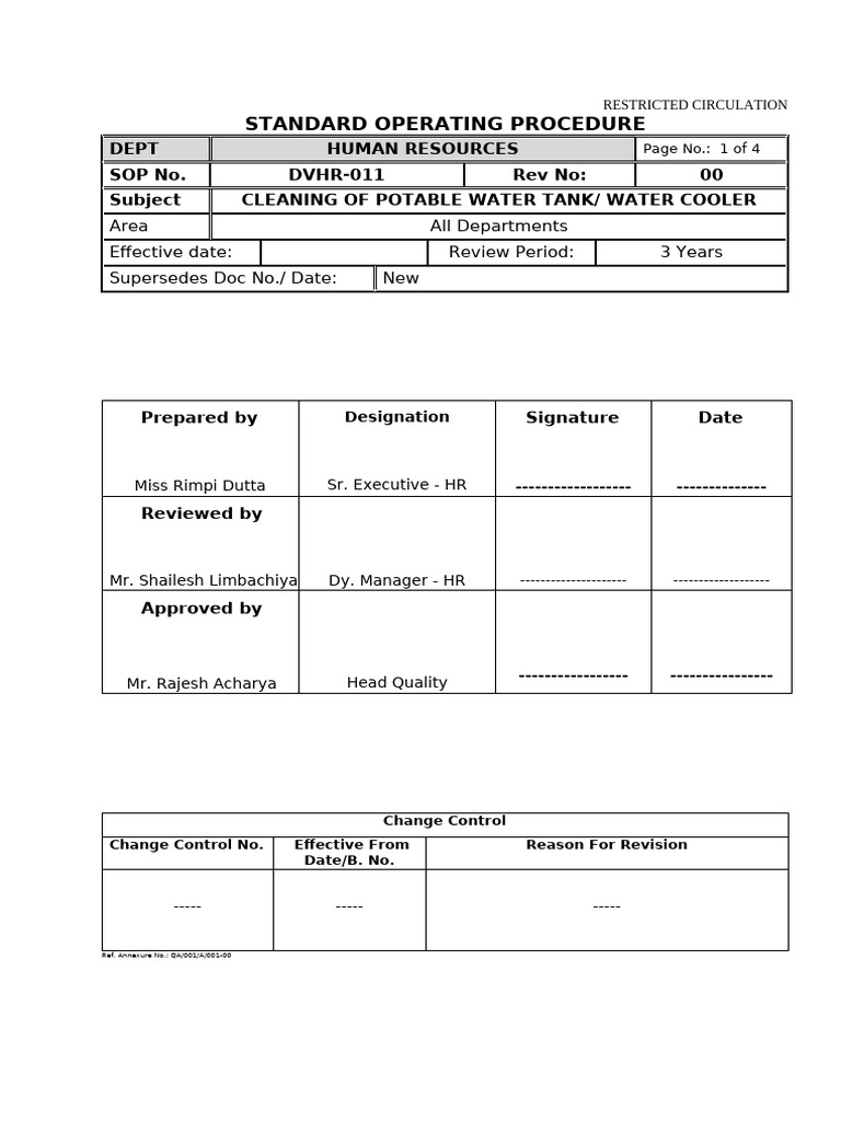 DVHR-011 Cleaning of Potable Water Tank & Water Cooler | PDF ...