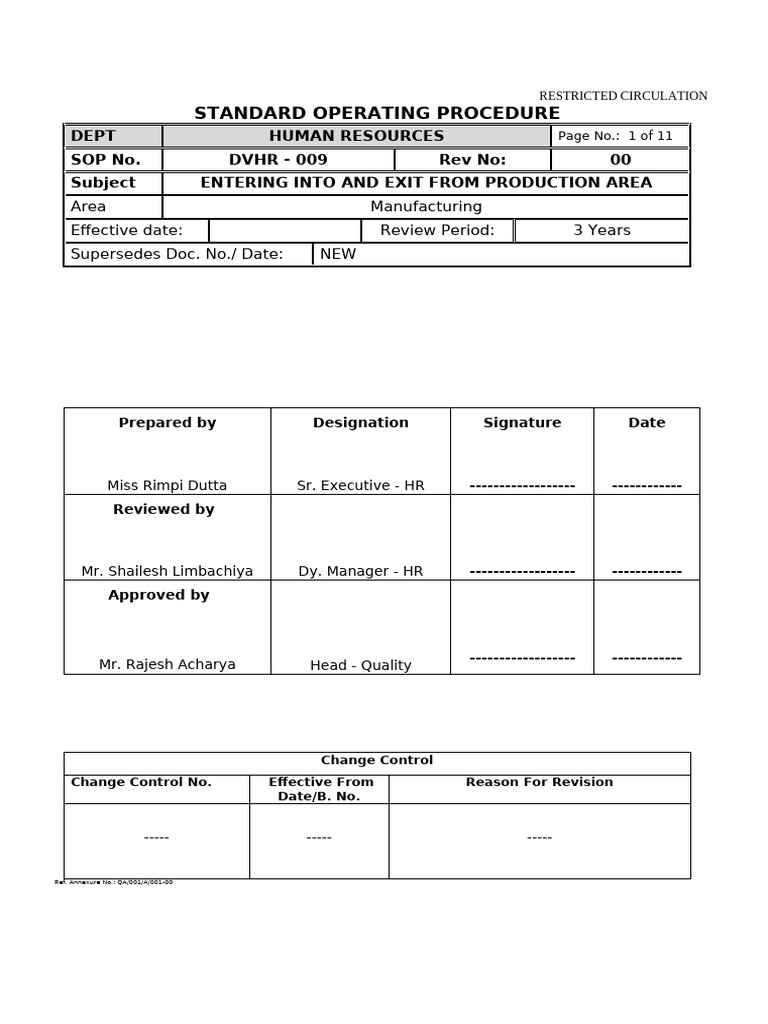 SOP for Entry and Exit in Manufacturing | PDF