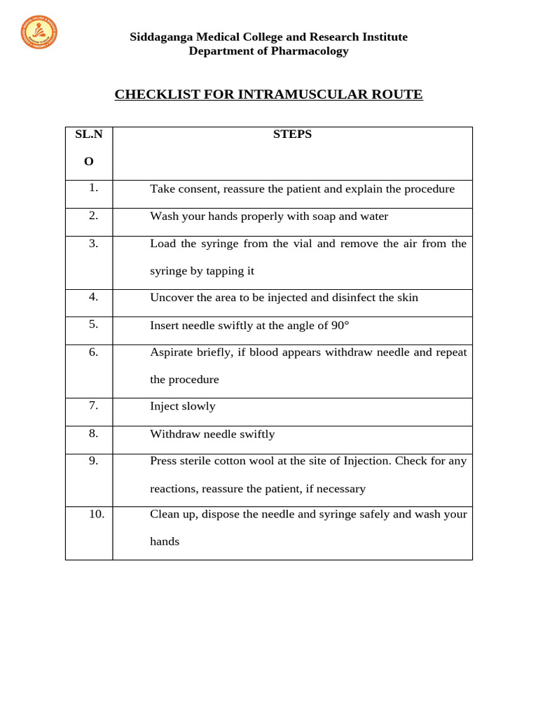 Checklist For Injection Techniques | PDF | Injection (Medicine) | Syringe