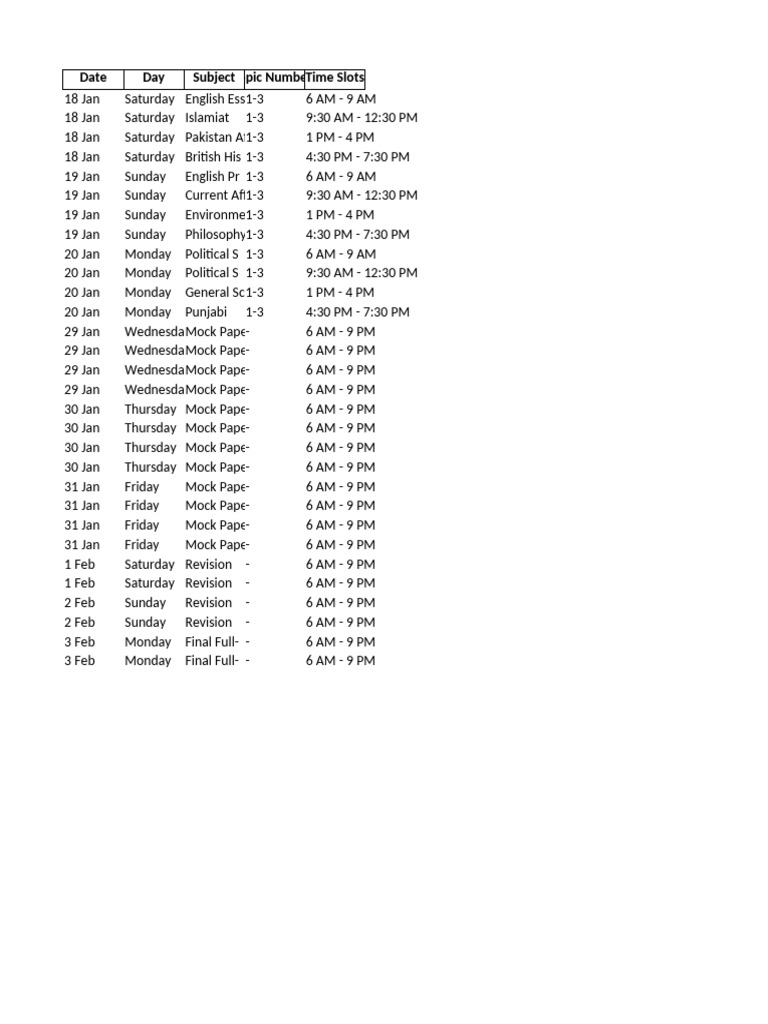 CSS 20 Days Timetable | PDF