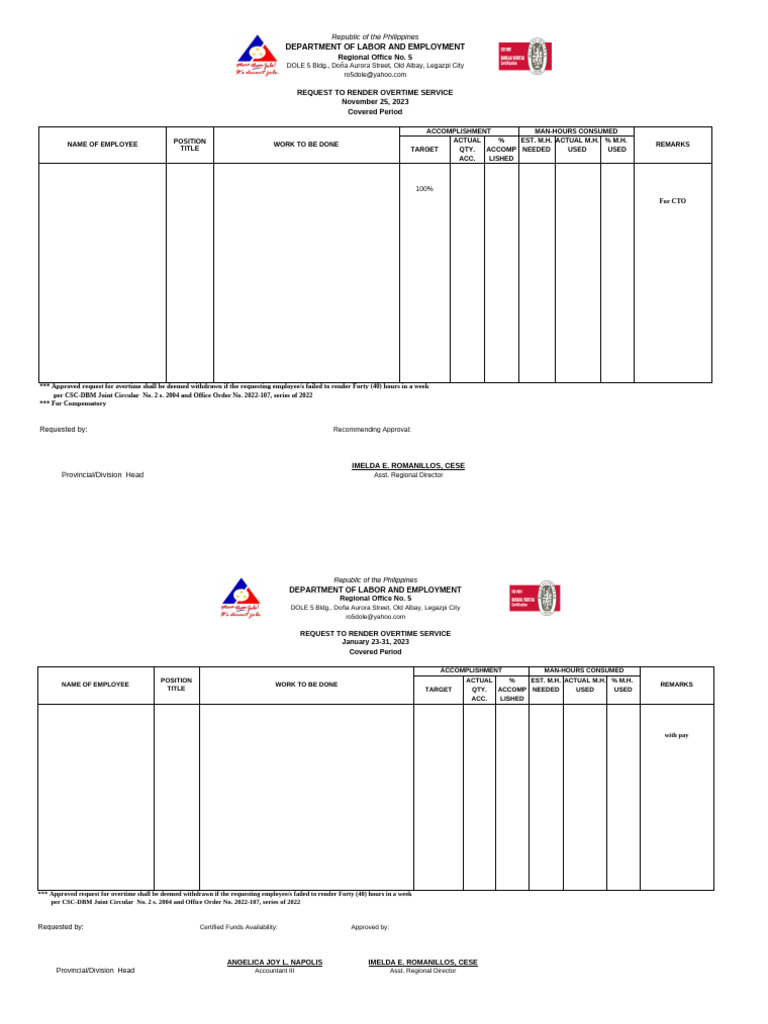 Template for Ot Request (1) | PDF | Overtime | Industrial Relations