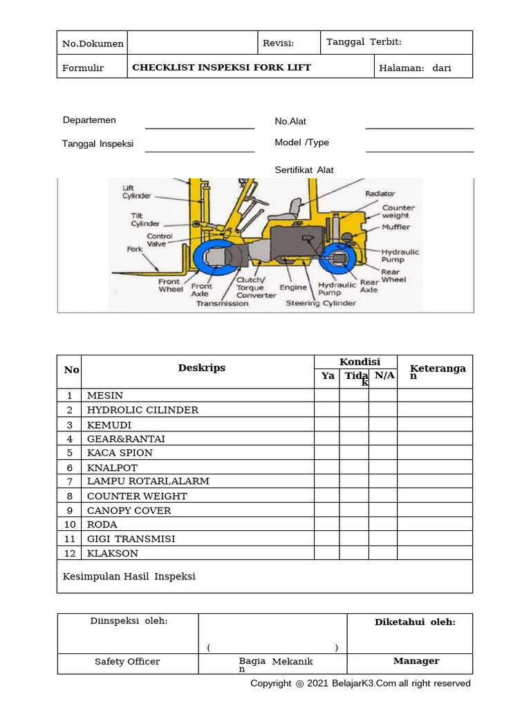 FORM CHECK LIST INSPEKSI FORK LIFT | PDF