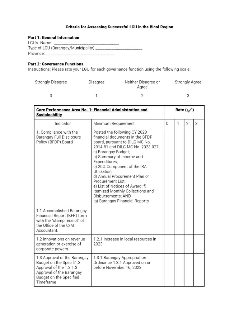 Criteria For Assessing Successful LGU in The Bicol Region | PDF ...