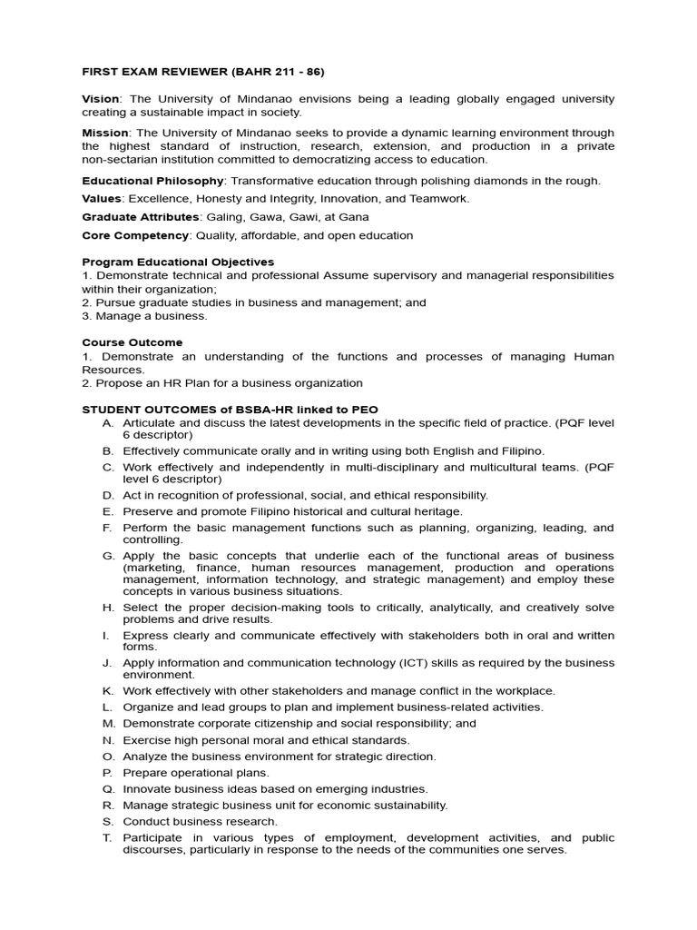 First Exam Reviewer (Bahr 211 - 86) | PDF | Human Resource Management | Human Resources
