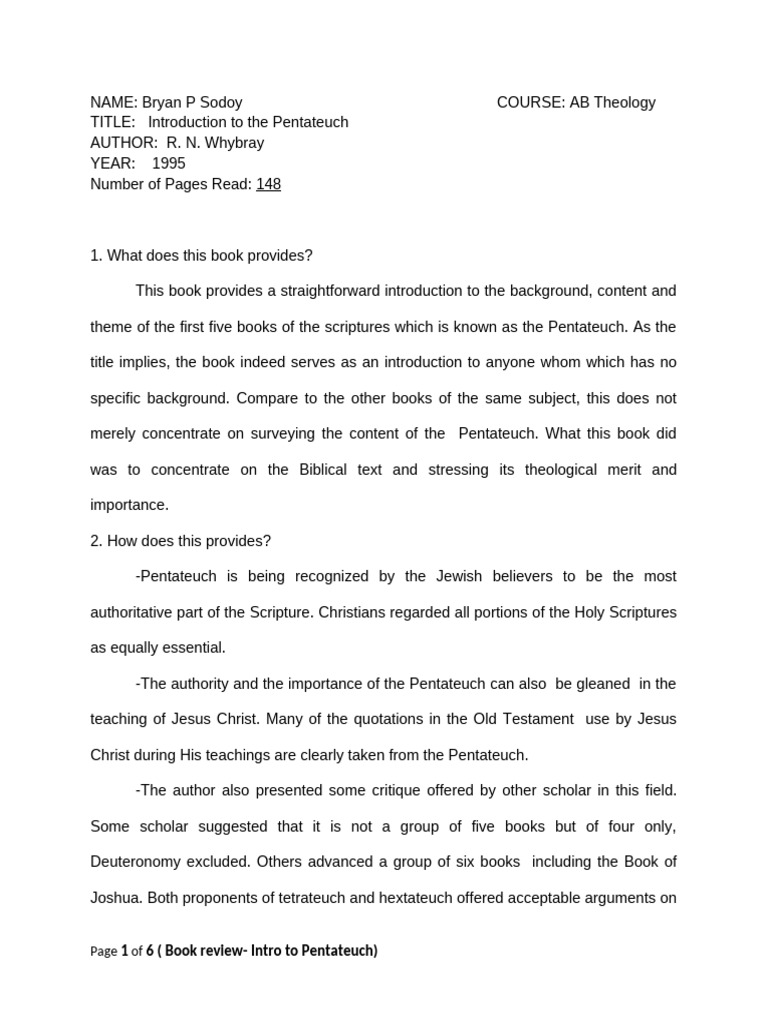 Reading Report-Introduction To The Pentateuch | PDF | Torah | Book Of ...