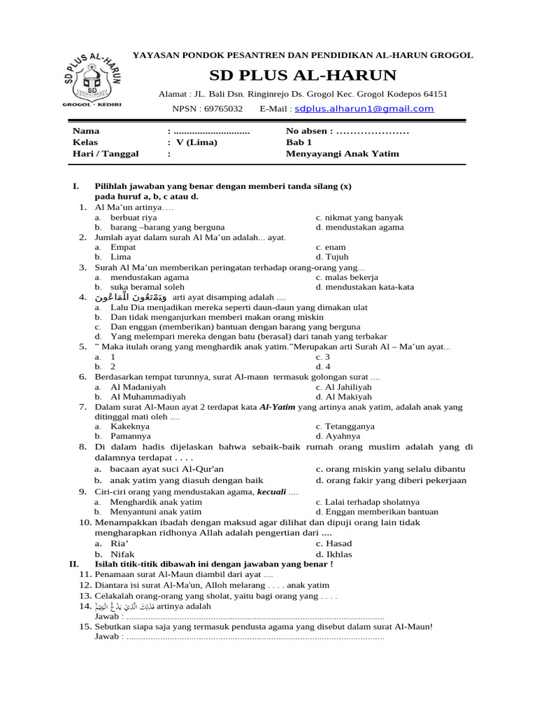 Soal PH Kls 5 Q.S Al-Maun | PDF