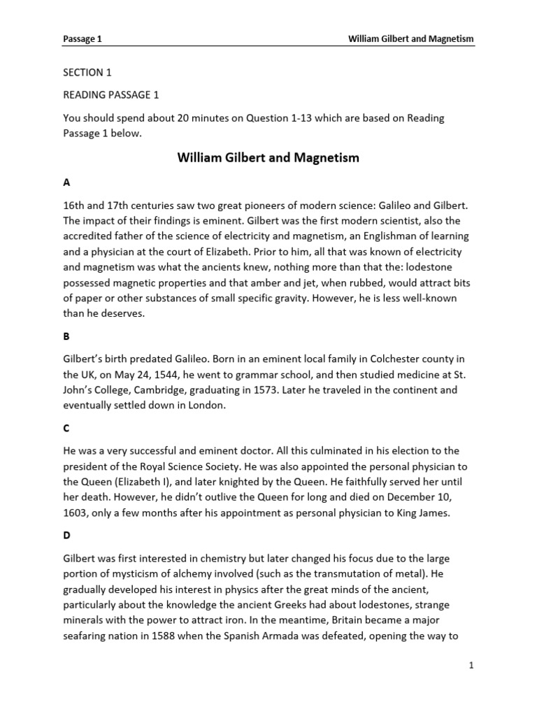 29 Passage 1 - William Gilbert and Magnetism Q1-13 | PDF | Magnet ...