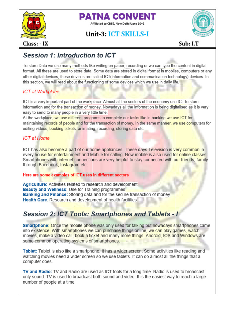 Class 9 ICT Skills Overview | PDF | Computer Data Storage | Smartphone