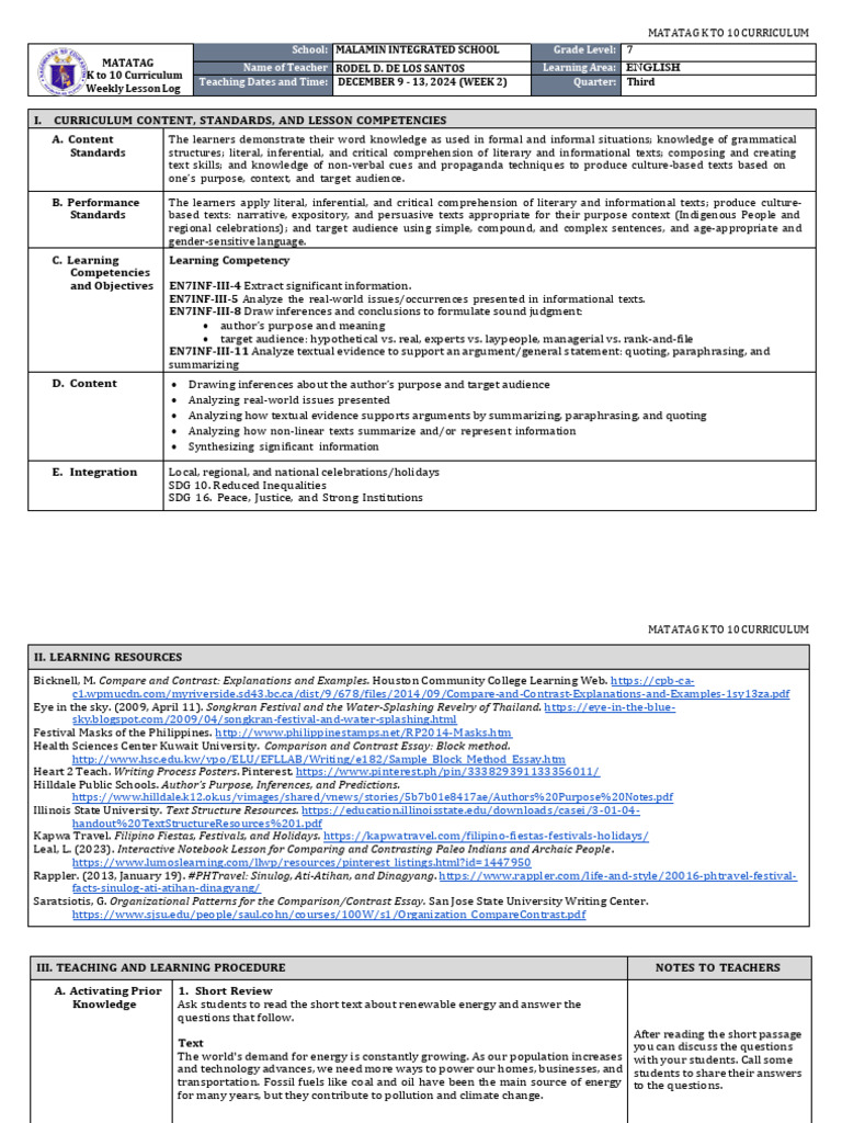 DLL Matatag - English 7 q3 w2 | PDF | Renewable Energy | Artificial Intelligence