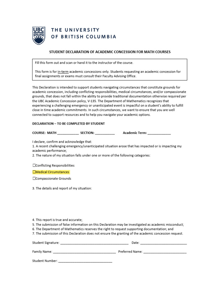 Student Declaration Academic Concession MATH | PDF