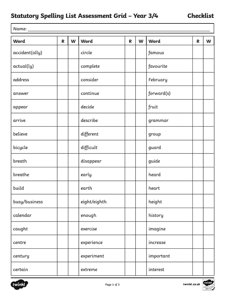 T2 E 2066 Statutory Spelling List Assessment Grid Year 3 4 Ver 3 | PDF