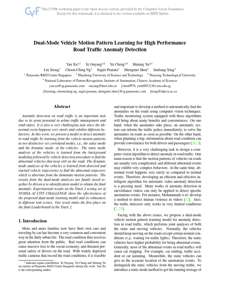 Dual-Mode Vehicle Motion Pattern Learning For High Performance Road Traffic Anomaly Detection ...