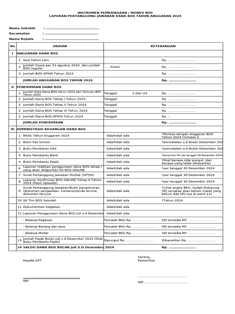 Instrumen Monev Bos 2024 | PDF