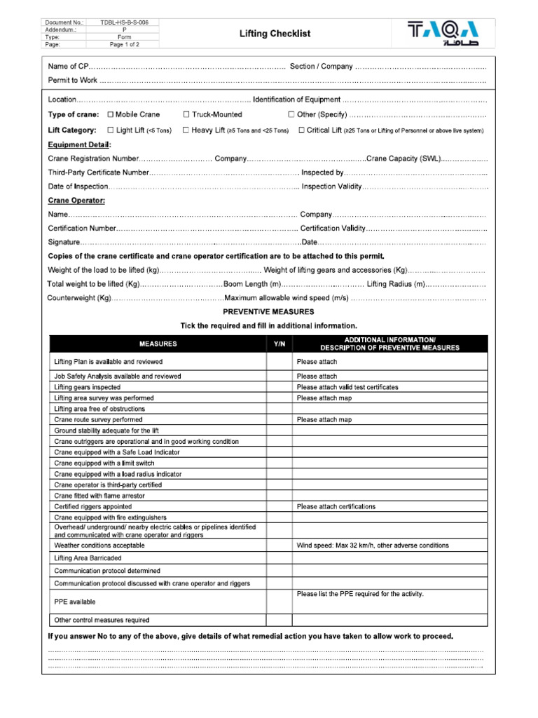 Lifting Checklist | PDF