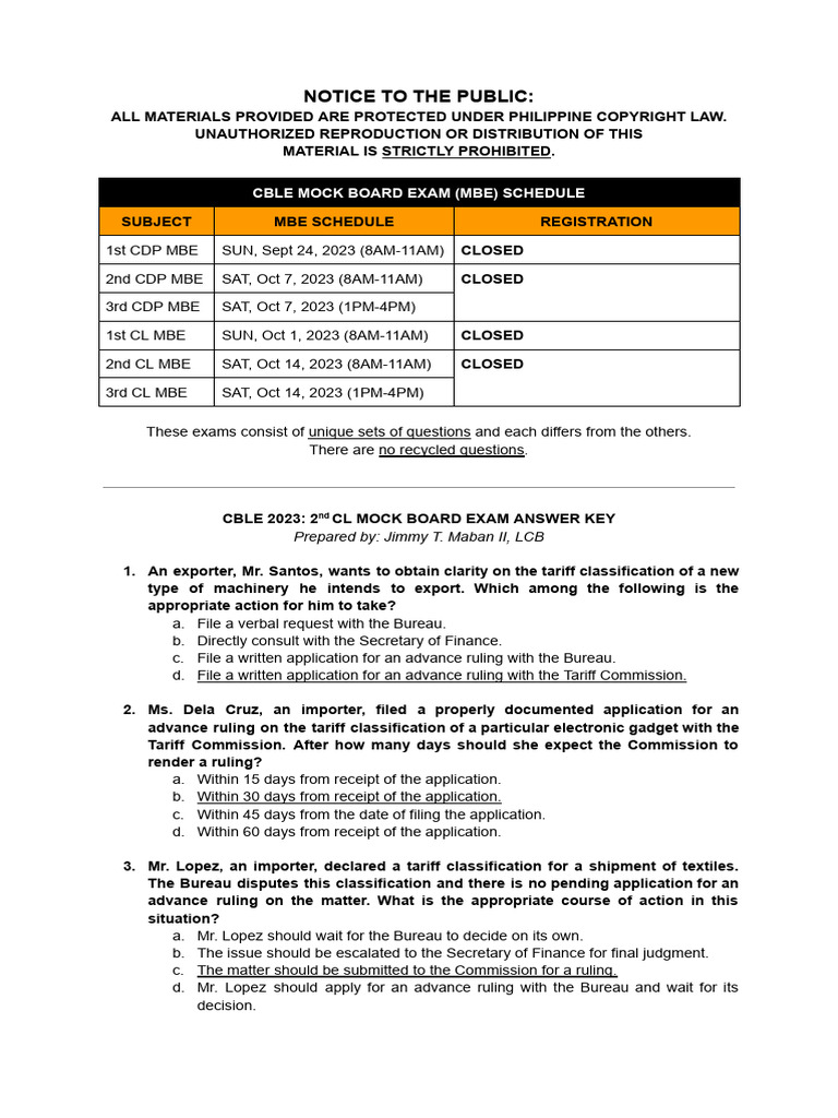 CBLE 2023 - 2nd CL Mock Board Exam Answer Key | PDF | Customs | Search ...
