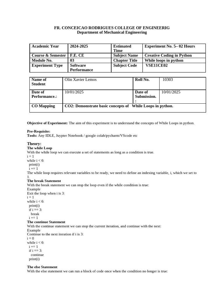 10303_Exp5 | PDF | Python (Programming Language) | Control Flow