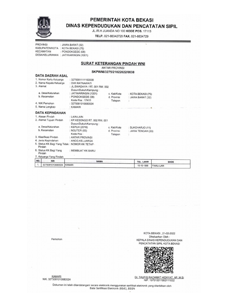 Kamari. Surat Pindah KK | PDF