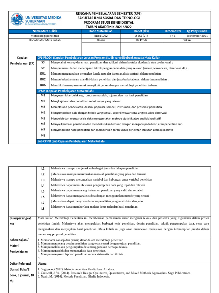 RPS metodologi penelitian | PDF