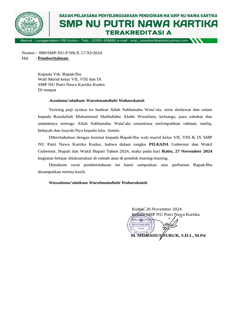 Pemberitahuan Libur PILKADA | PDF