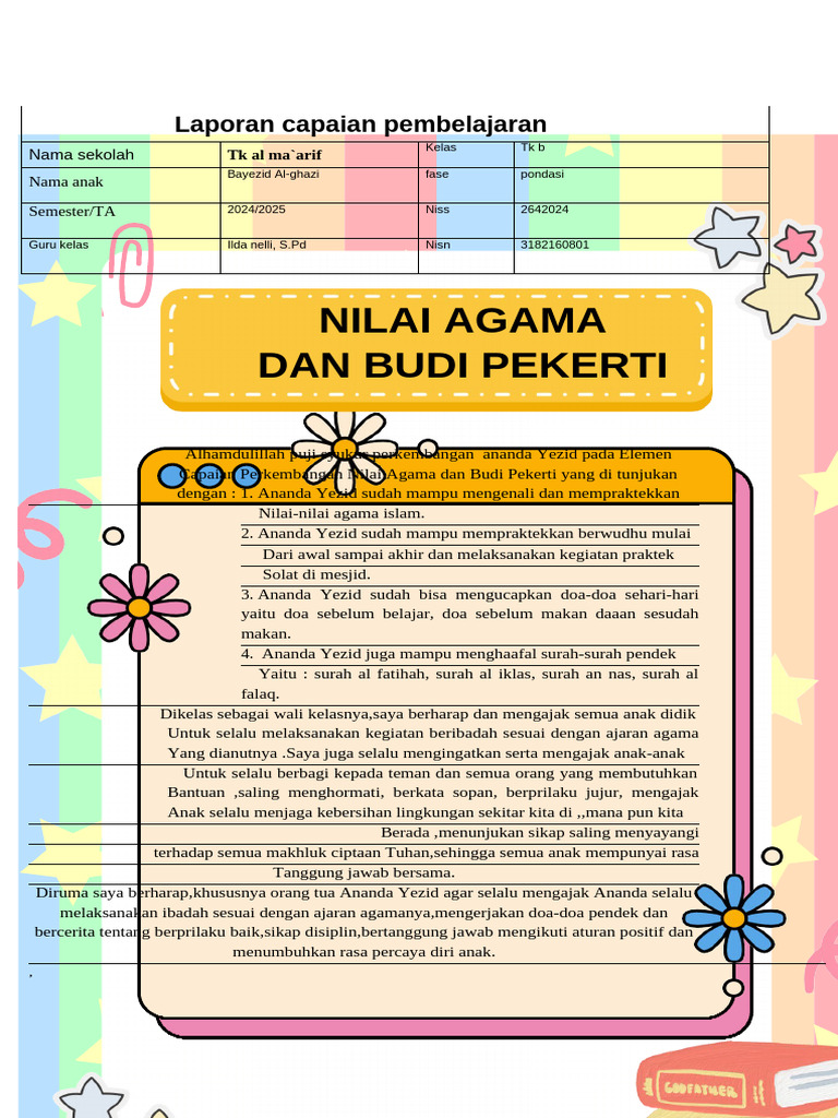 Rapor PAUD Kurikulum Merdeka (Contoh 3) - 2 | PDF