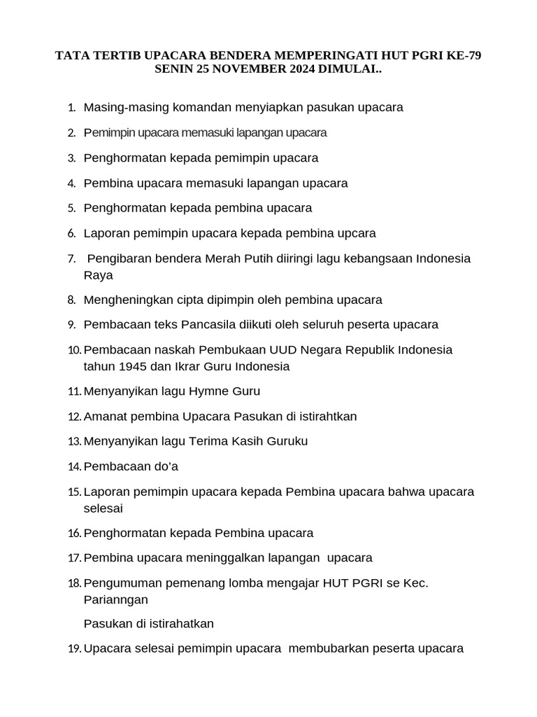 Tata Tertib Upacara Bendera Memperingati Hut Pgri Ke | PDF