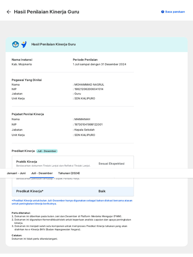 Pengelolaan Kinerja PMM 1 Juli s.d. 31 Desember 2024 MOHAMMAD NASRUL | PDF