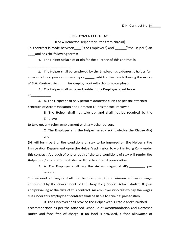 Employment Contract for Domestic Helper | PDF | Employment | Justice