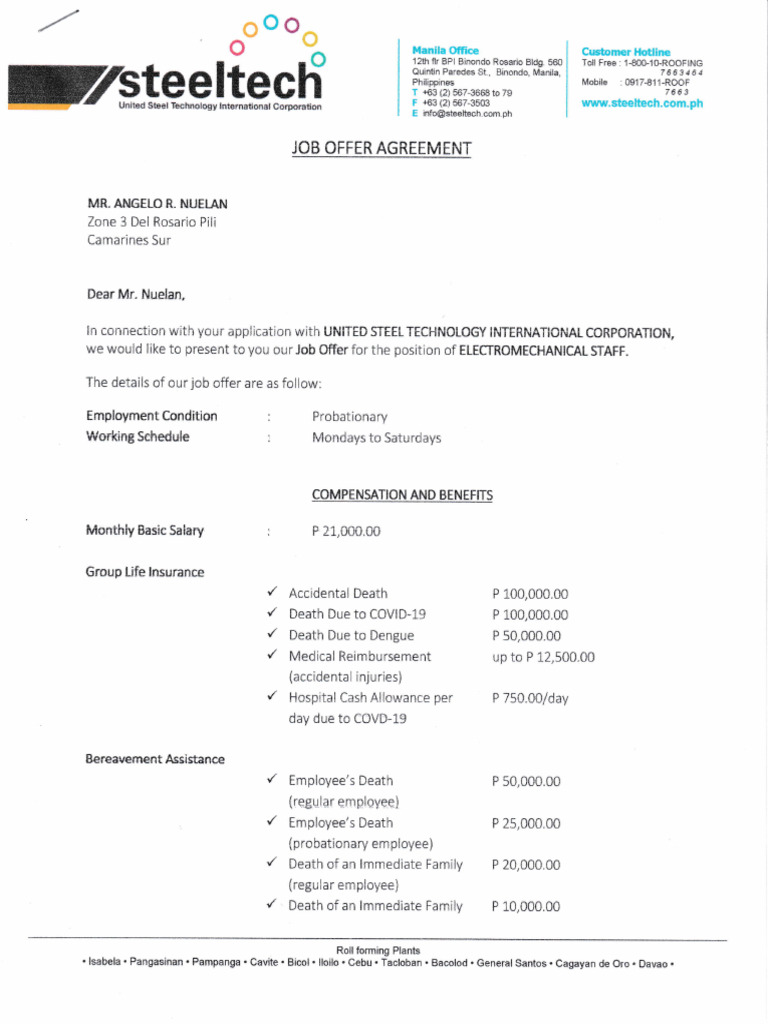 Job Offer Letter - Angelo Nuelan (EMS-Bicol) | PDF