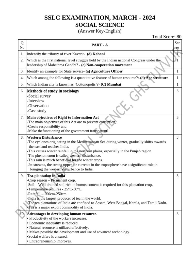 SSLC 2024 Social Science Answer Key | PDF | Continental Congress ...