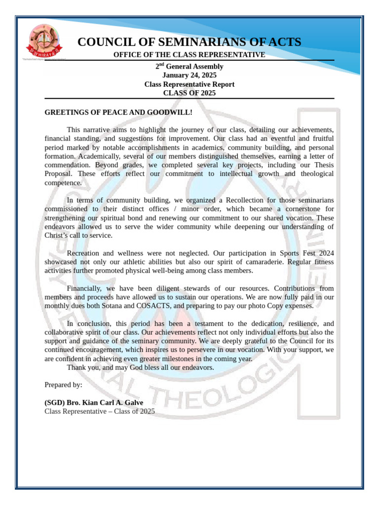 Class of 2025 Representative Report | PDF