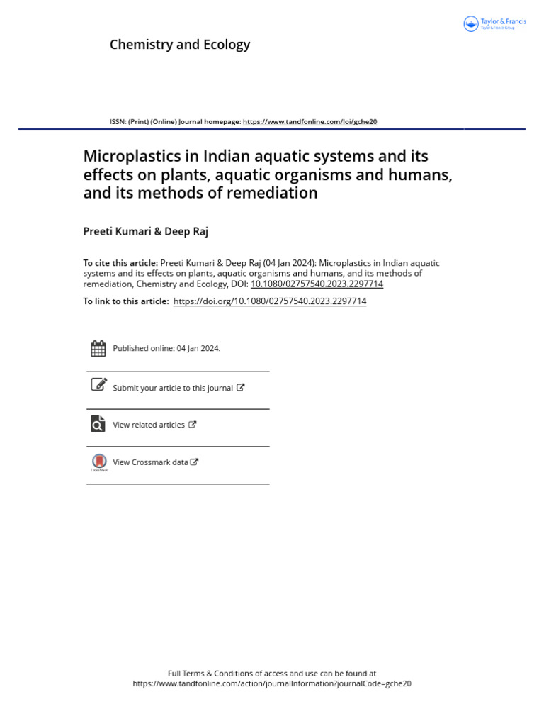 Microplastics In Indian Aquatic Systems And Its Effects On Plants Aquatic Organisms And Humans