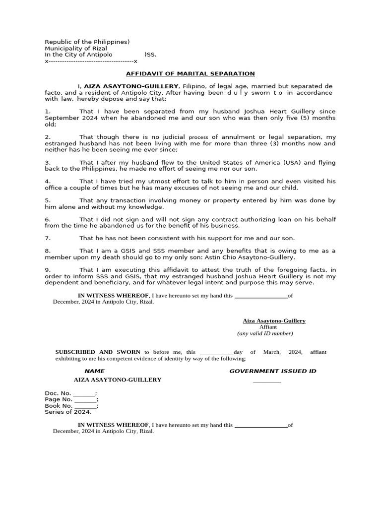 Affidavit of Marital Separation | PDF | Affidavit | Social Institutions