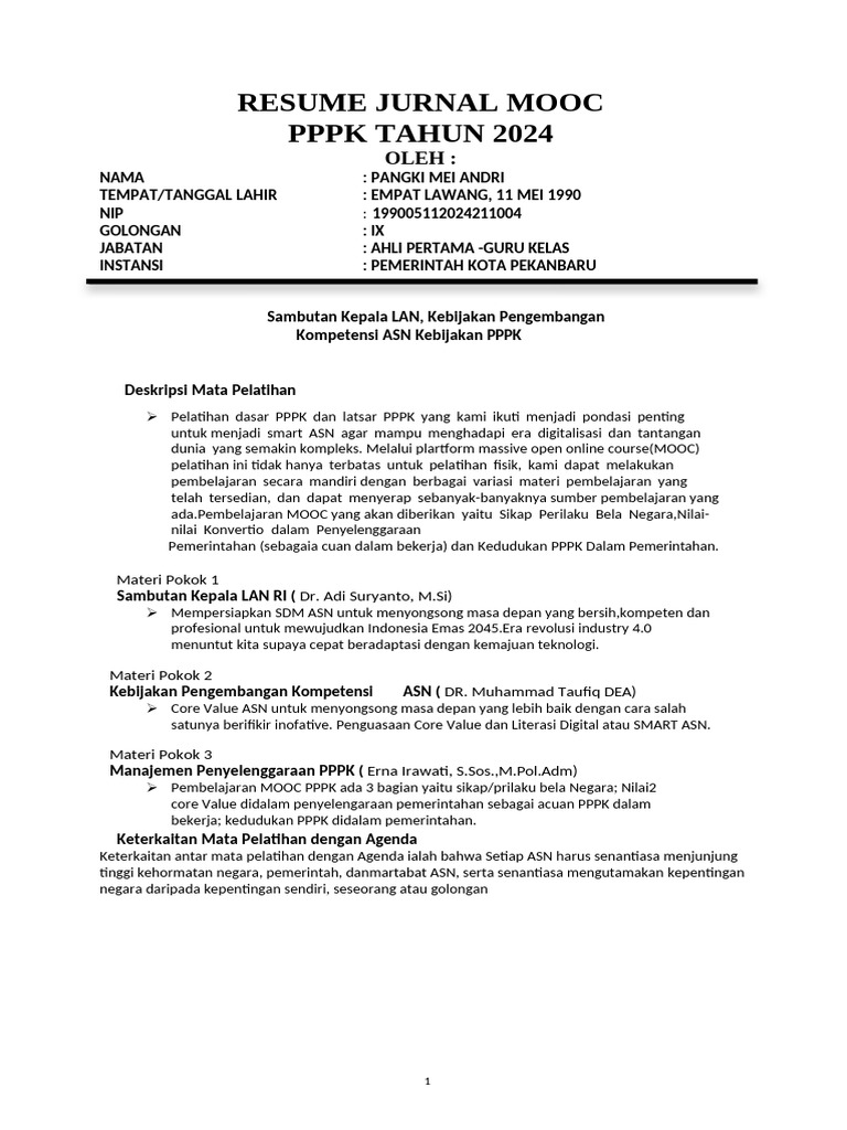 RESUME JURNAL MOOC PPPK 2024 PANGKI MEI ANDRI, S.PD | PDF