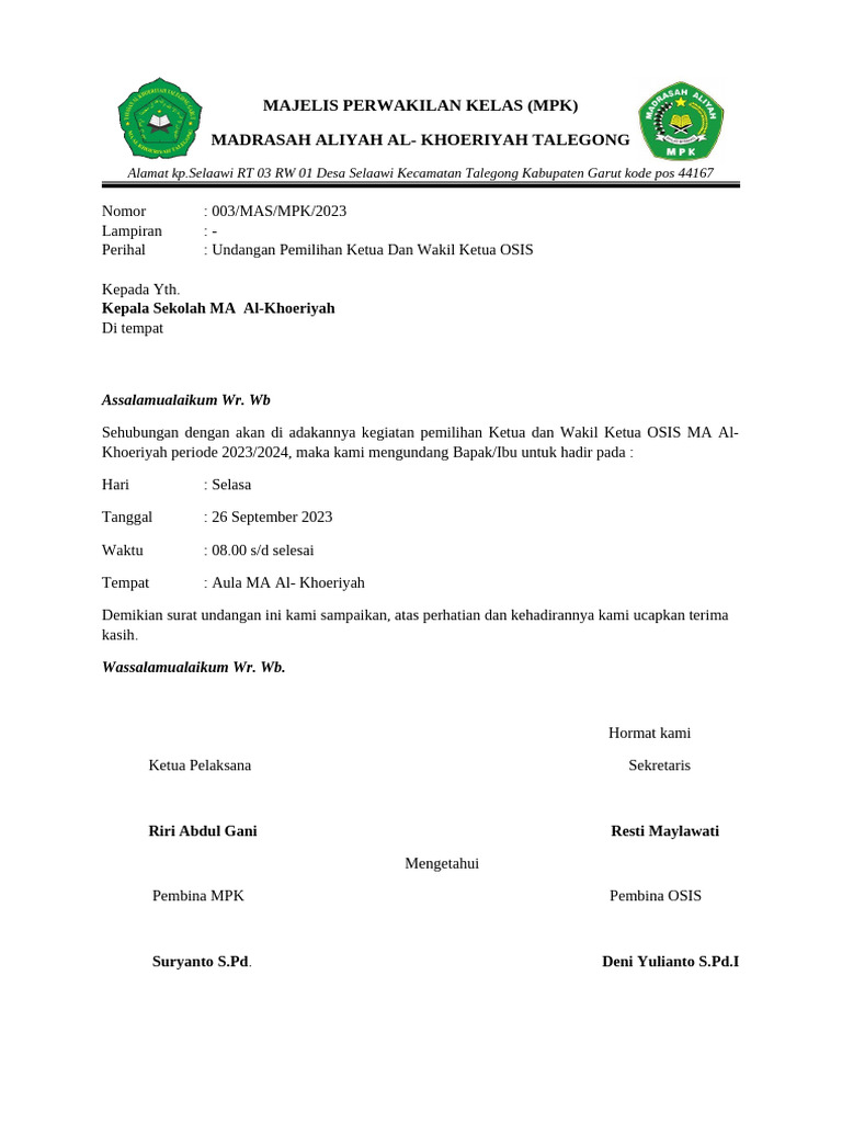 surat undangan pemilihan osis kamad | PDF