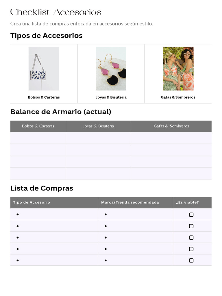 Plantilla Checklist y Compras Accesorios | PDF