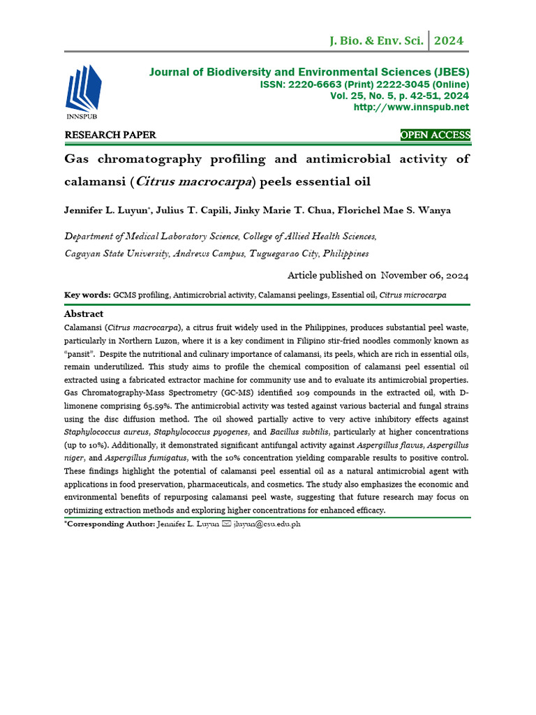 Gas Chromatography Profiling and Antimicrobial Activity of Calamansi ...