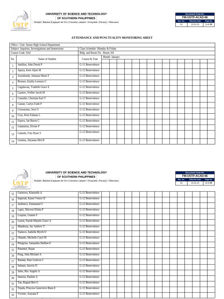 Attendance and Punctuality Monitoring Sheet | PDF