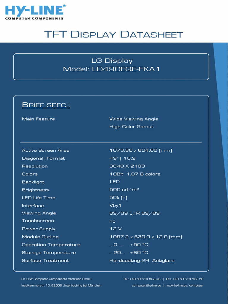 49" QWUXGA TFT LCD Datasheet | PDF | Backlight | Light Emitting Diode