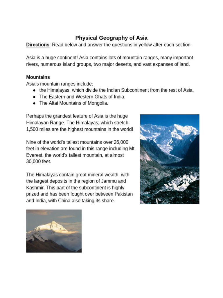 Physical Geography Overview of Asia | PDF | Himalayas | Asia